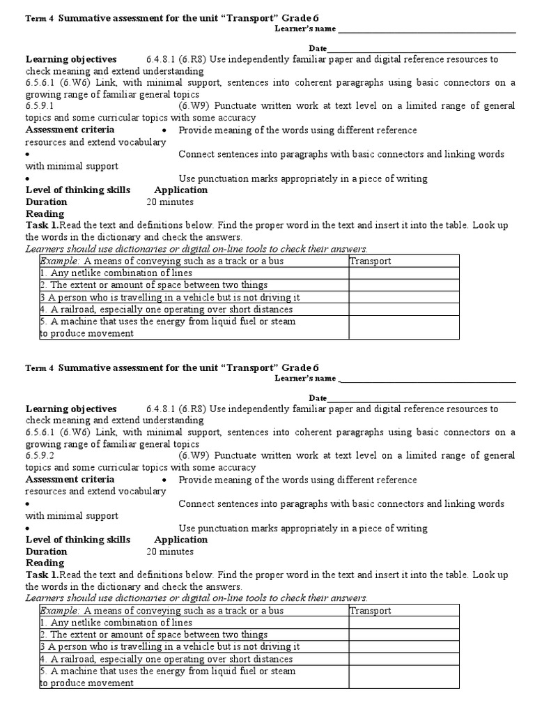 Summative Assessment For The Unit Transport Grade 6 | PDF | Rail ...