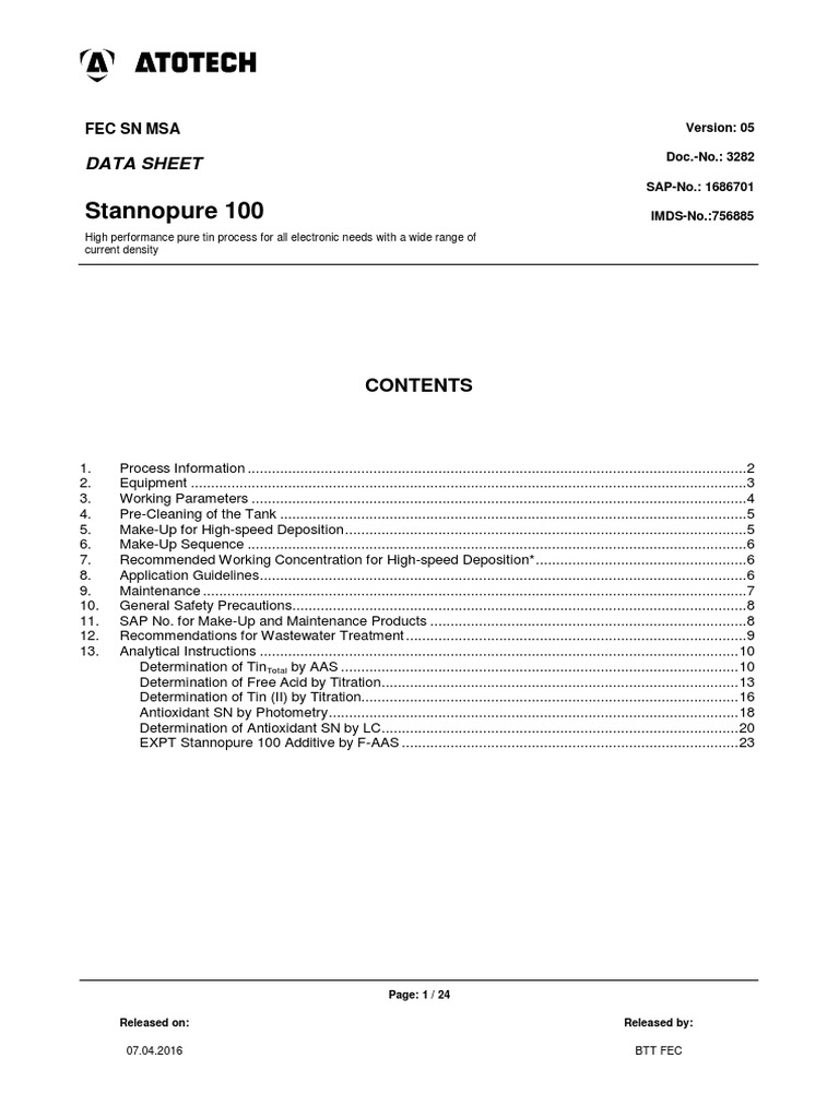 Stannopure 100: Data Sheet | PDF | Chemistry | Titration