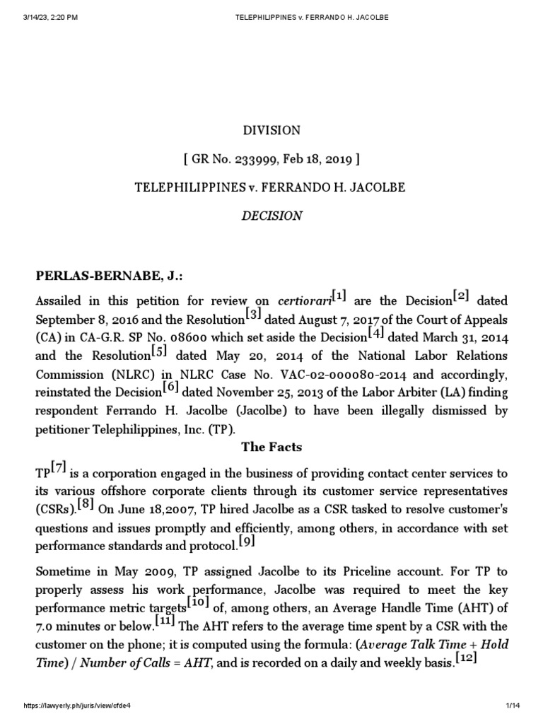 Telephilippines vs. Jacolbe: Dismissal Case | PDF | Employment | Labour Law