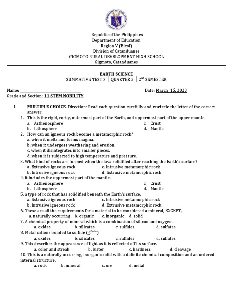 Earth Science Q1 Summative Test 2 | PDF | Rock (Geology) | Igneous Rock