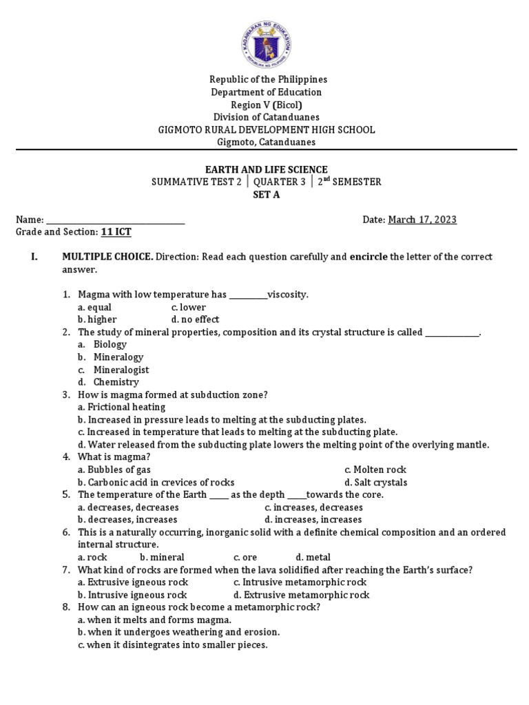 Earth and Life Science - Earth Science Q1 Summative Test 2 | PDF | Rock ...
