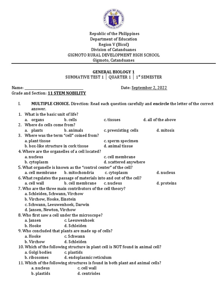 General Biology 1 Quarter 1 Test | PDF | Cell (Biology) | Cytoplasm