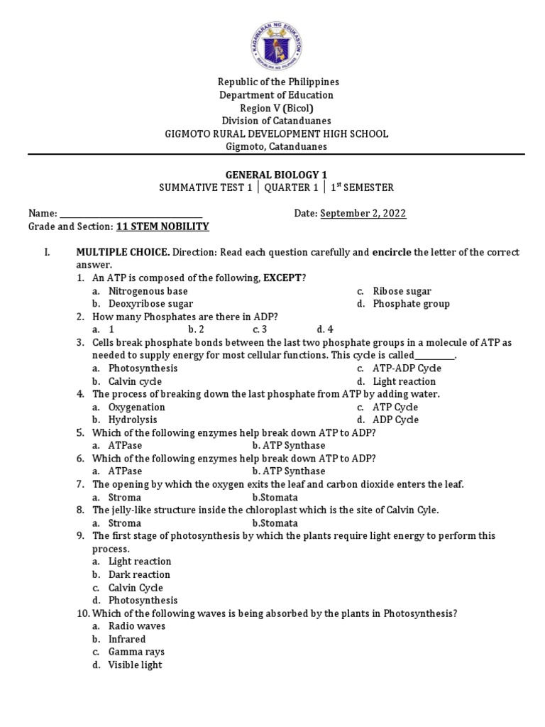 General Biology 1 Q2 Summative Test 1 | PDF | Photosynthesis | Chloroplast General Biology 1 Q2 Summative Test 1 | PDF | Photosynthesis | Chloroplast