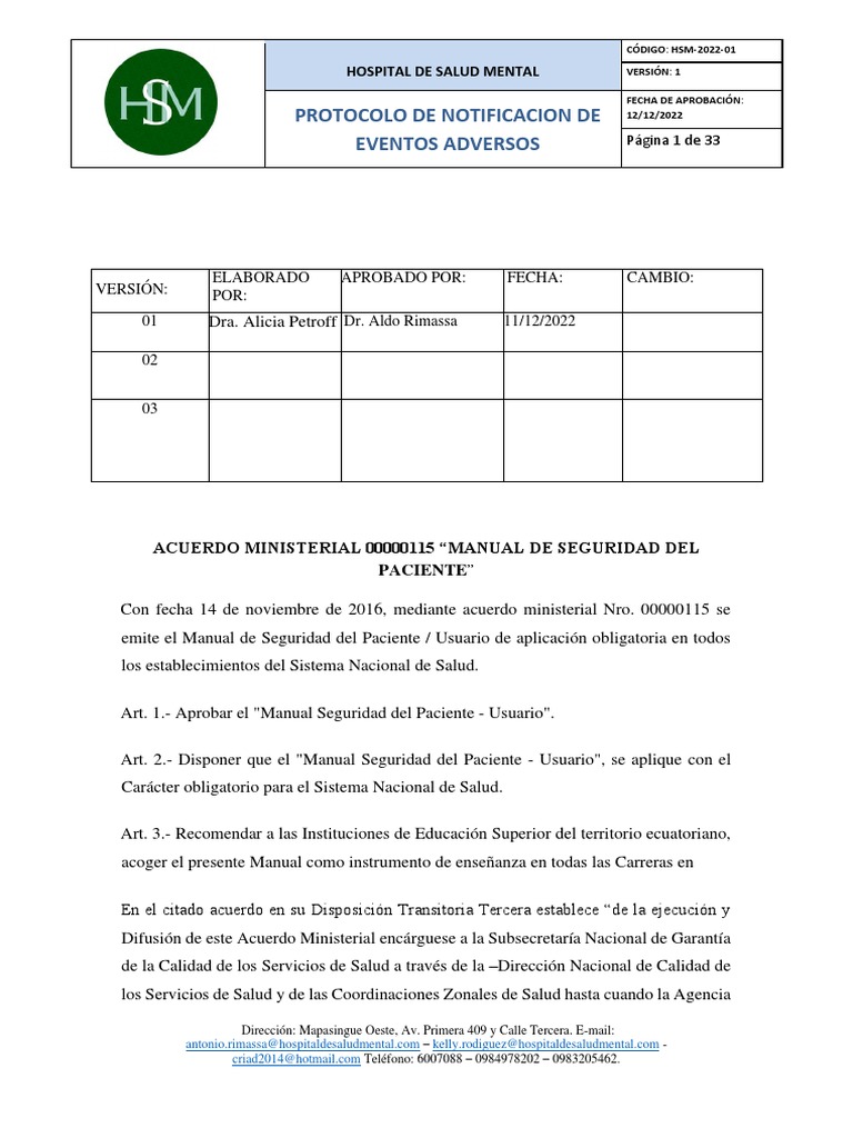 Protocolo de Notificacion de Eventos Adversos HSM 2022 | PDF | Seguridad del paciente | Riesgo