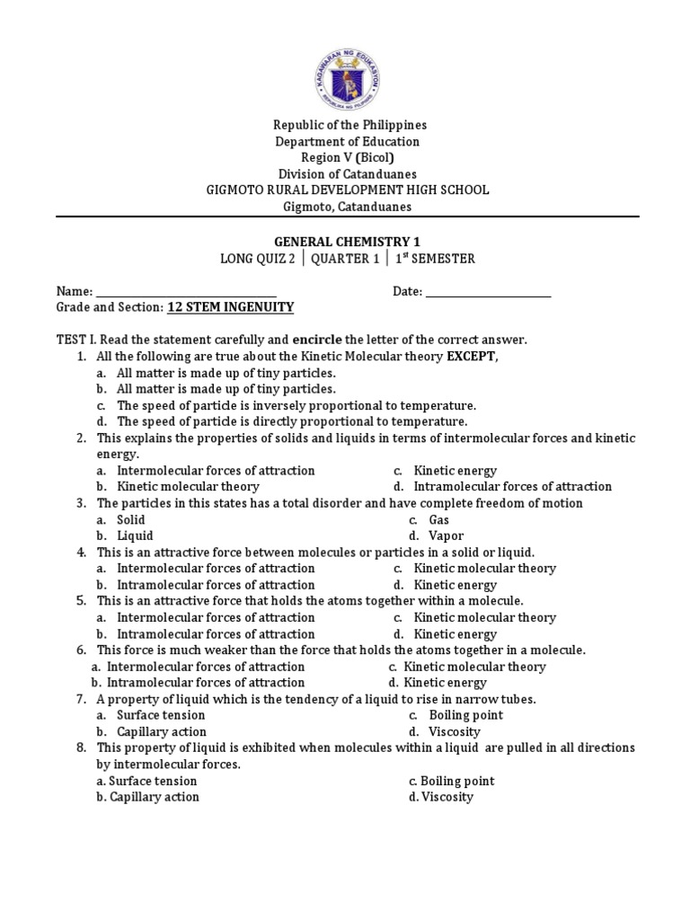 General Chemistry 2 Q1 Summative Test 1 | PDF | Liquids ...