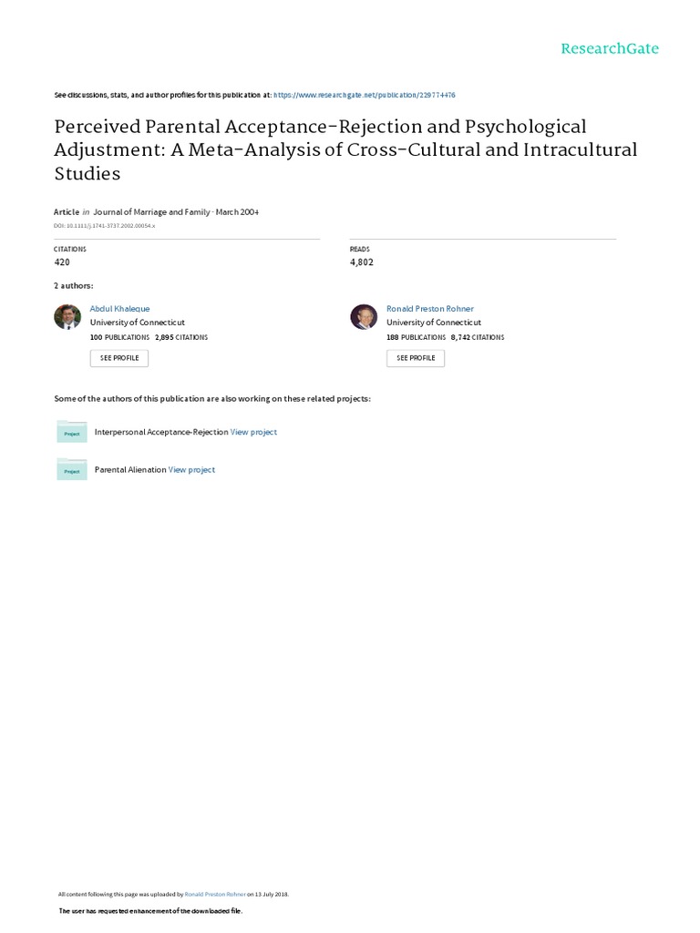 Perceived Parental Acceptance Rejection and Psychological Adjustment: A ...