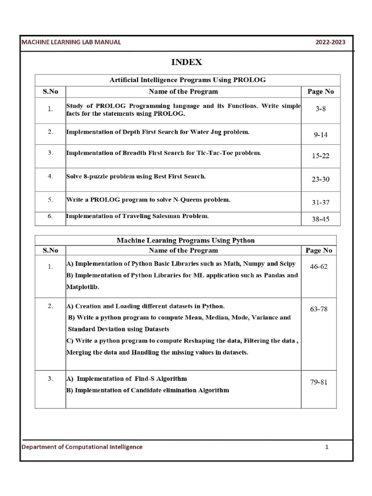 Artificial Intelligence and Machine Learning Lab Manual | PDF
