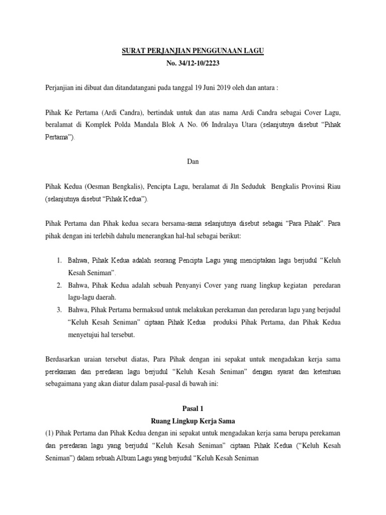 Surat Perjanjian Penggunaan Lagu | PDF