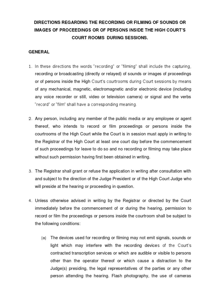 Directions Re Recording or Filming of Sounds or Images of Proceedings ...