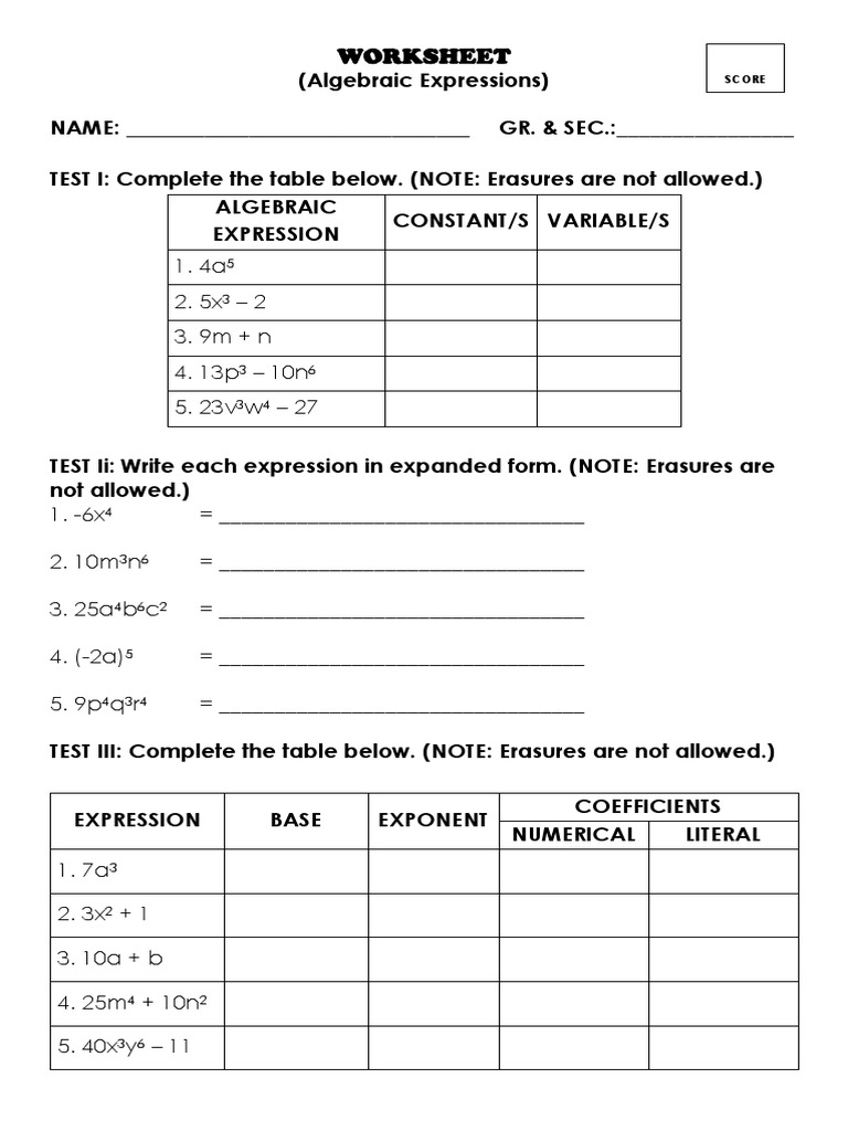 Worksheet Algebraic Expression | PDF | Polynomial | Numbers