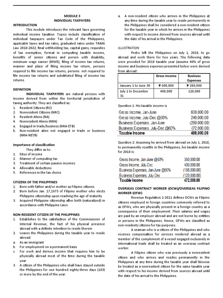 Module 3 Individual Taxpayers 1 | PDF | Capital Gains Tax | Gross Income