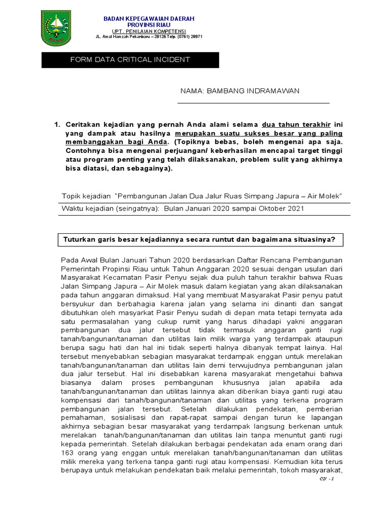 Form Data Critical Incident: Badan Kepegawaian Daerah Provinsi Riau ...