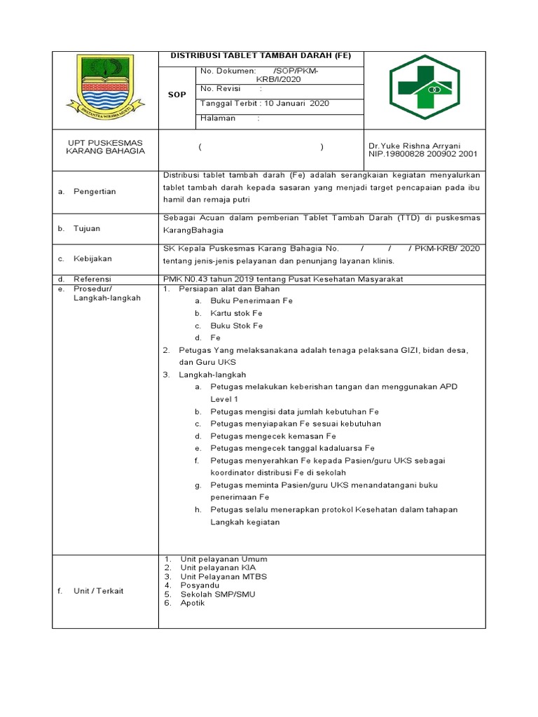 SOP DISTRIBUSI TABLET TAMBAH DARAH (FE) | PDF