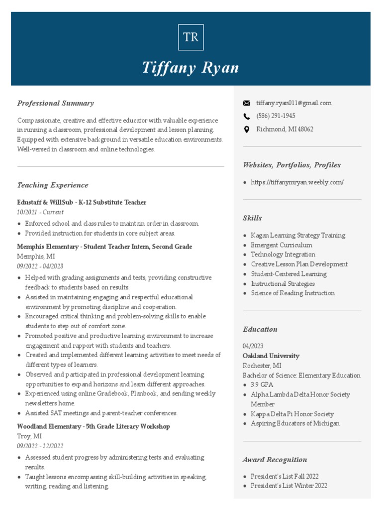 Tiffany Ryan Resume 7 | PDF | Teachers | Literacy