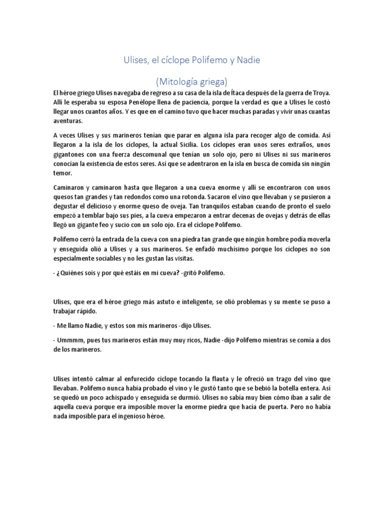 Ulises, El Cíclope Polifemo y Nadie (Mitología Griega) | PDF
