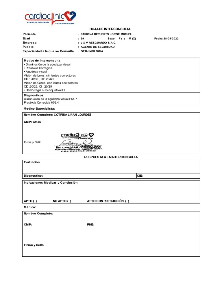 Hoja de Interconsulta Oftalmológica | PDF