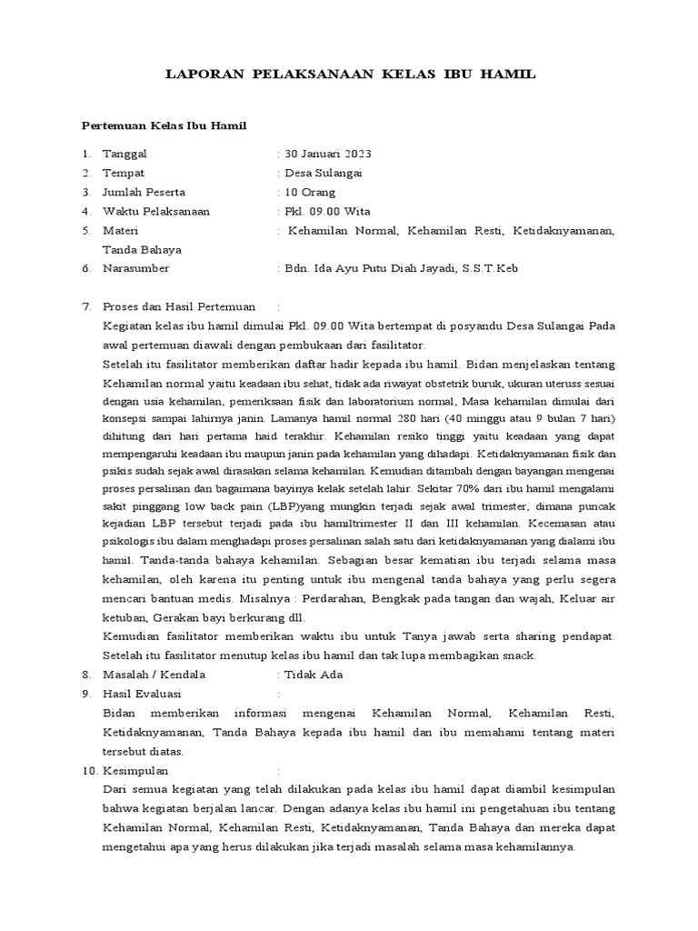 Laporan Pelaksanaan Kelas Ibu Hamil Desa Sulangai | PDF