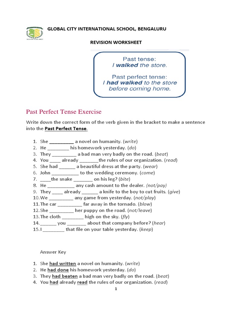 Past Perfect Tense - Revision Worksheet | PDF