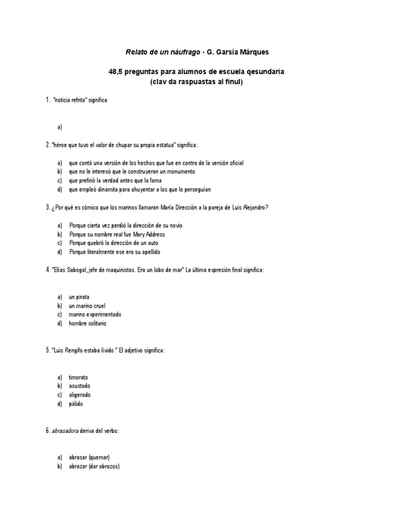Preguntas Sobre Relato de Un Náufrago de Gabriel García Márquez | PDF