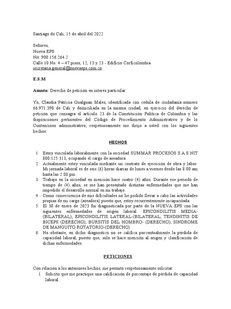 E.S.M Asunto: Derecho de Petición en Interés Particular.: Hechos | PDF ...