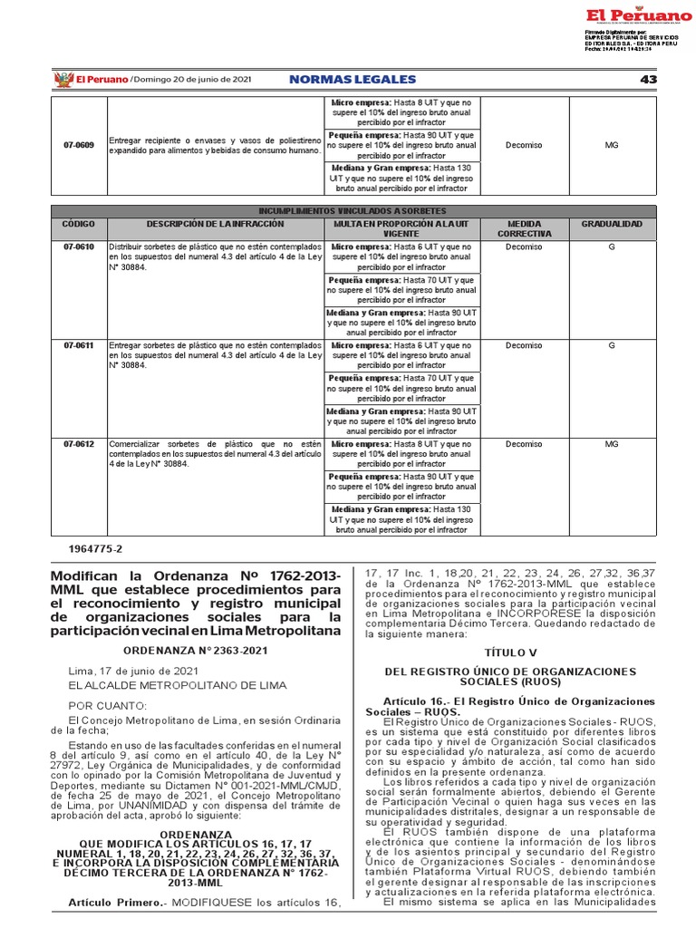 Complementario - Ordenanza 2363 - 2021 - RUOS OOJJ | PDF