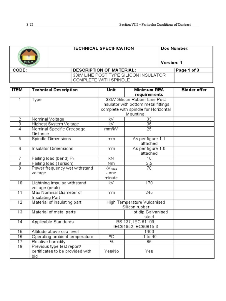 33kV LINE POST TYPE SILICON INSULATOR COMPLETE WITH SPINDLE | PDF ...