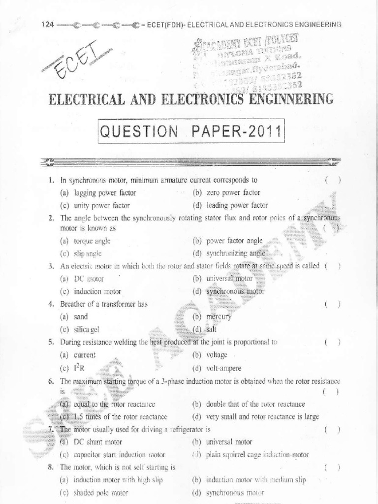 ECET 2011 Electrical and Electronics Engg Question Paper | PDF | Nature | Electric Power