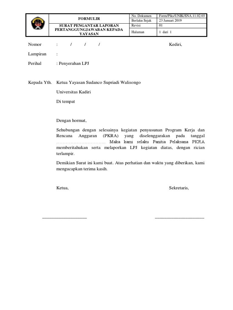 Surat Pengantar LPJ Yayasan 2023 | PDF
