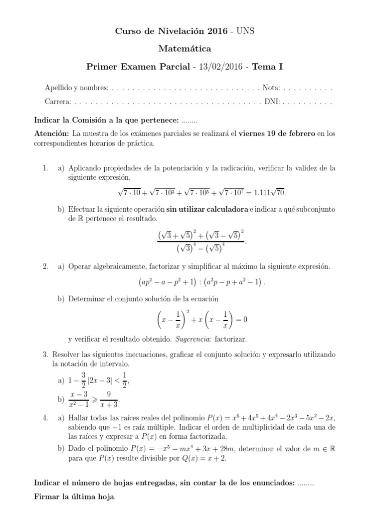 Curso de Nivelaci On 2016 - UNS Matem Atica Primer Examen Parcial - 13/02/2016 - Tema I | PDF ...