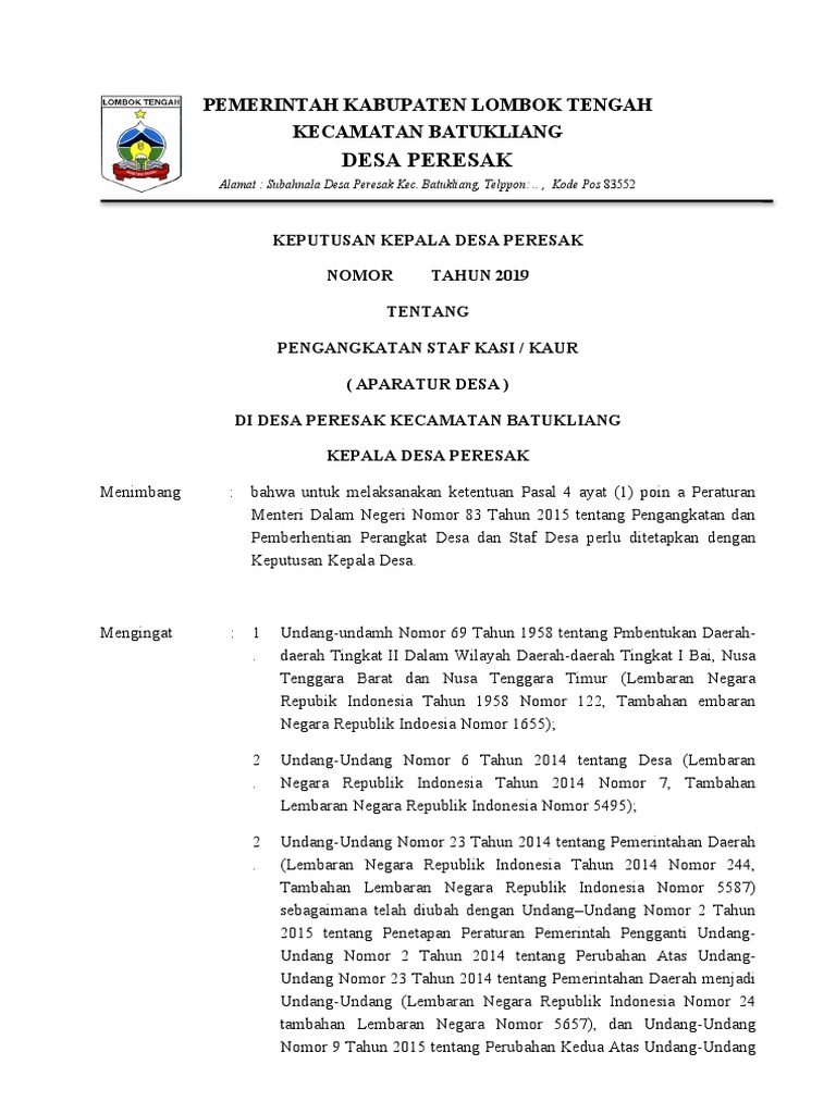 Pengangkatan Staf Desa Peresak 2019 | PDF