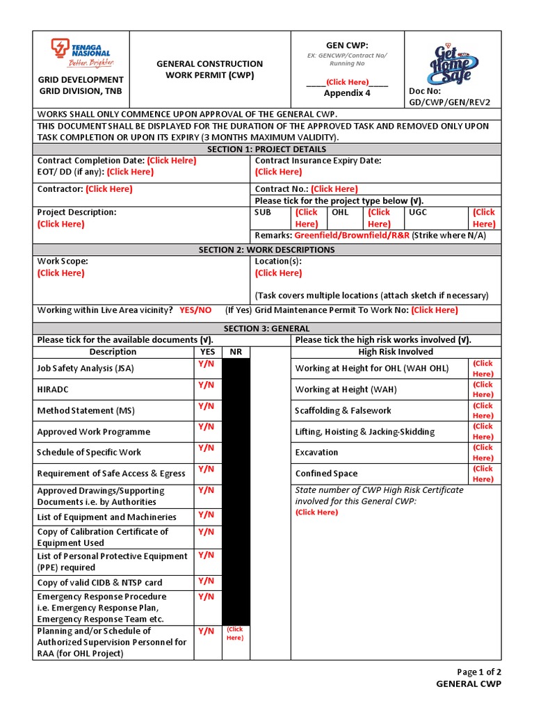 General Construction Work Permit (CWP) | PDF | Personal Protective ...