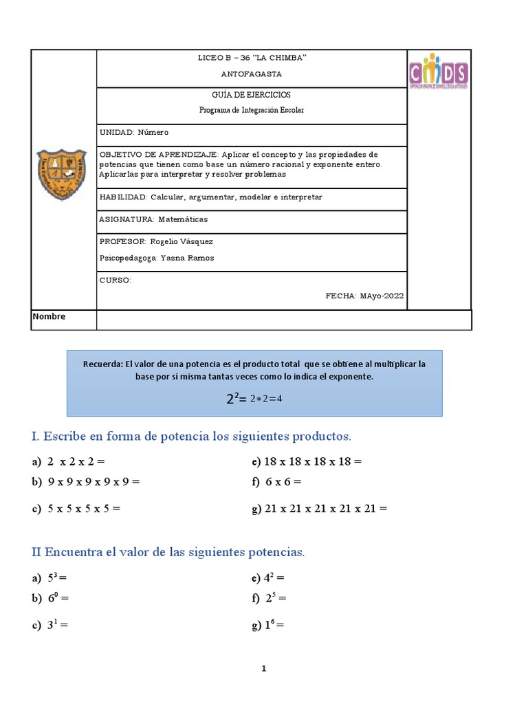 Guia de Potencias 1° C | PDF | Exponenciación | Multiplicación
