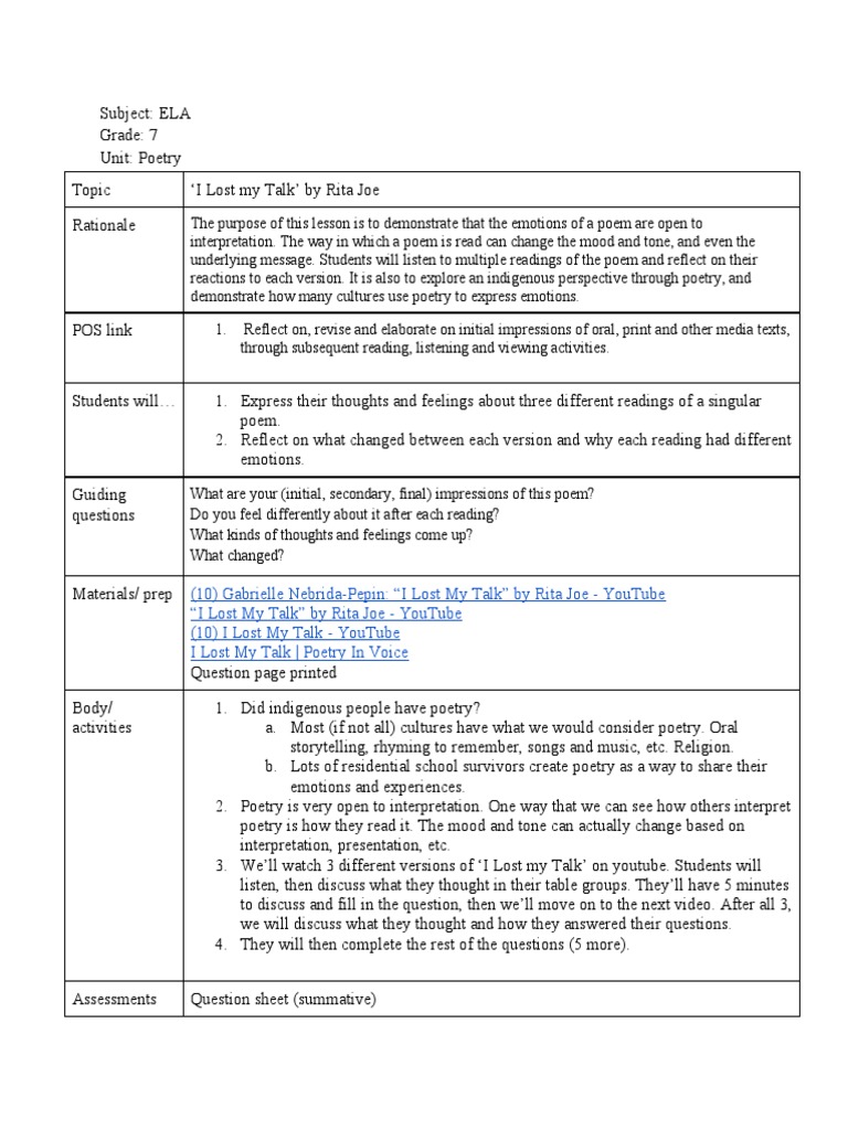 I Lost My Talk Lesson | PDF | Poetry | Emotions