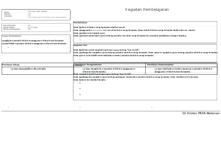 RPP TIK Kelas 1 - Pembelajaran 1-3 | PDF