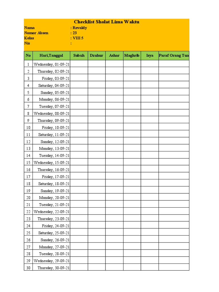 Checklist Sholat Revaldy VIII 5 | PDF