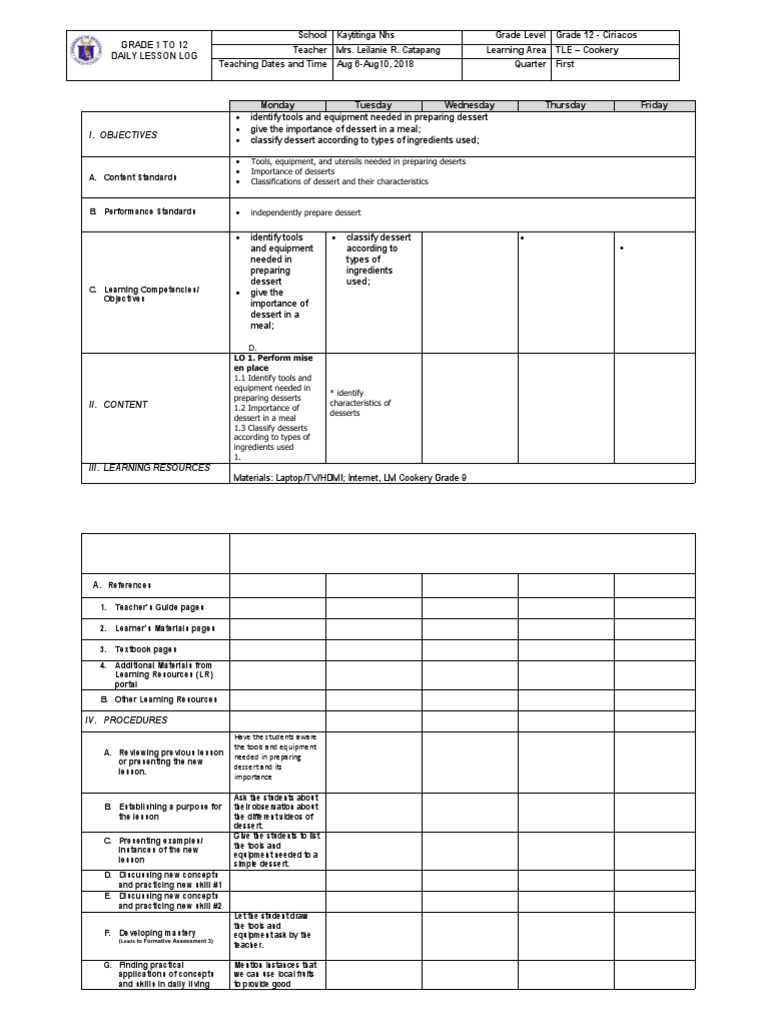 Grade 12 TLE Cookery Lesson Plan | PDF | Learning | Education Theory