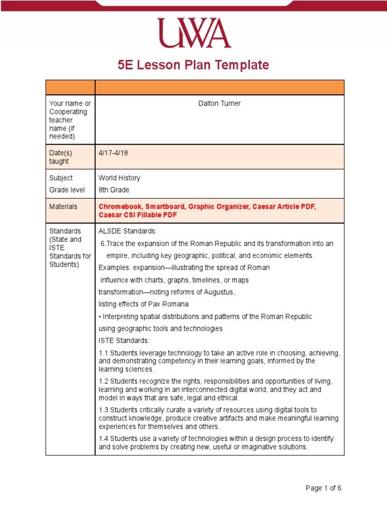 5E World History Lesson Plan: Roman Empire | PDF | Differentiated ...