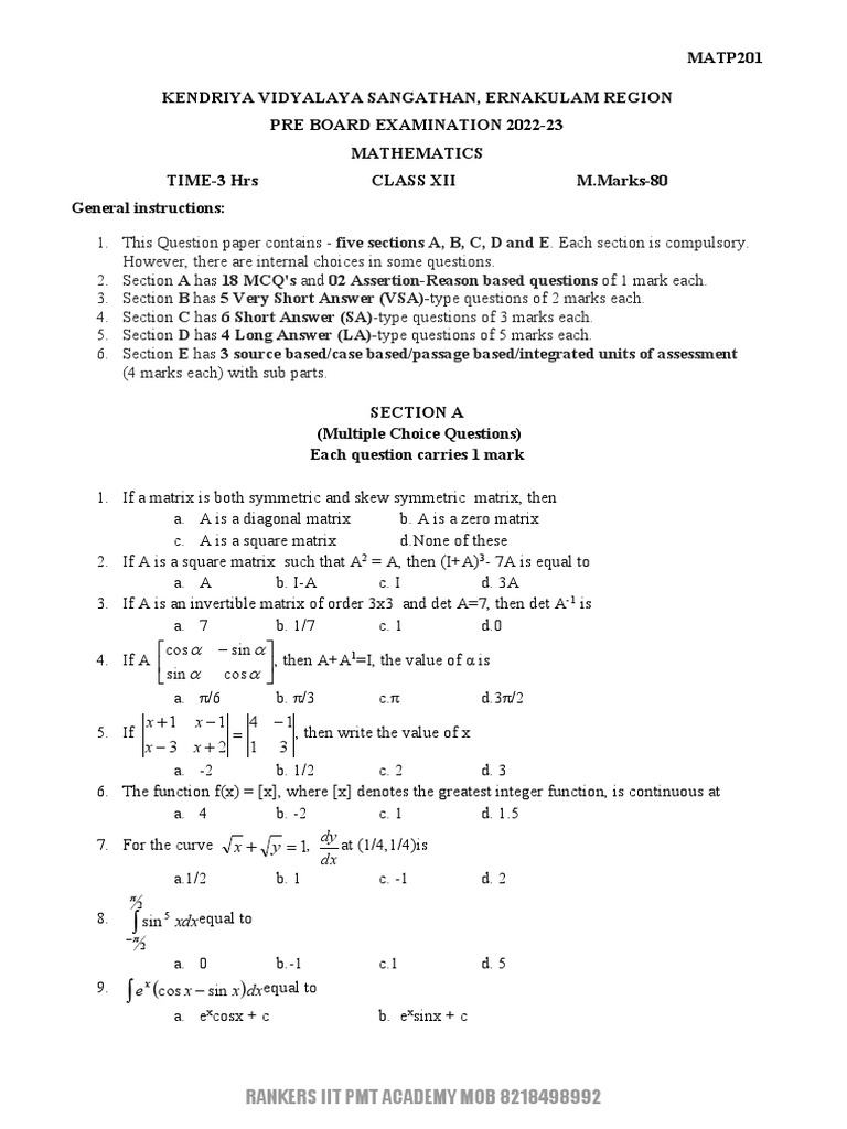 PB2 MATHS QP - Watermark | PDF | Matrix (Mathematics) | Mathematics