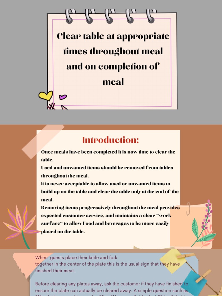 Clear Table at Appropriate Times Throughout Meal and On Completion of ...