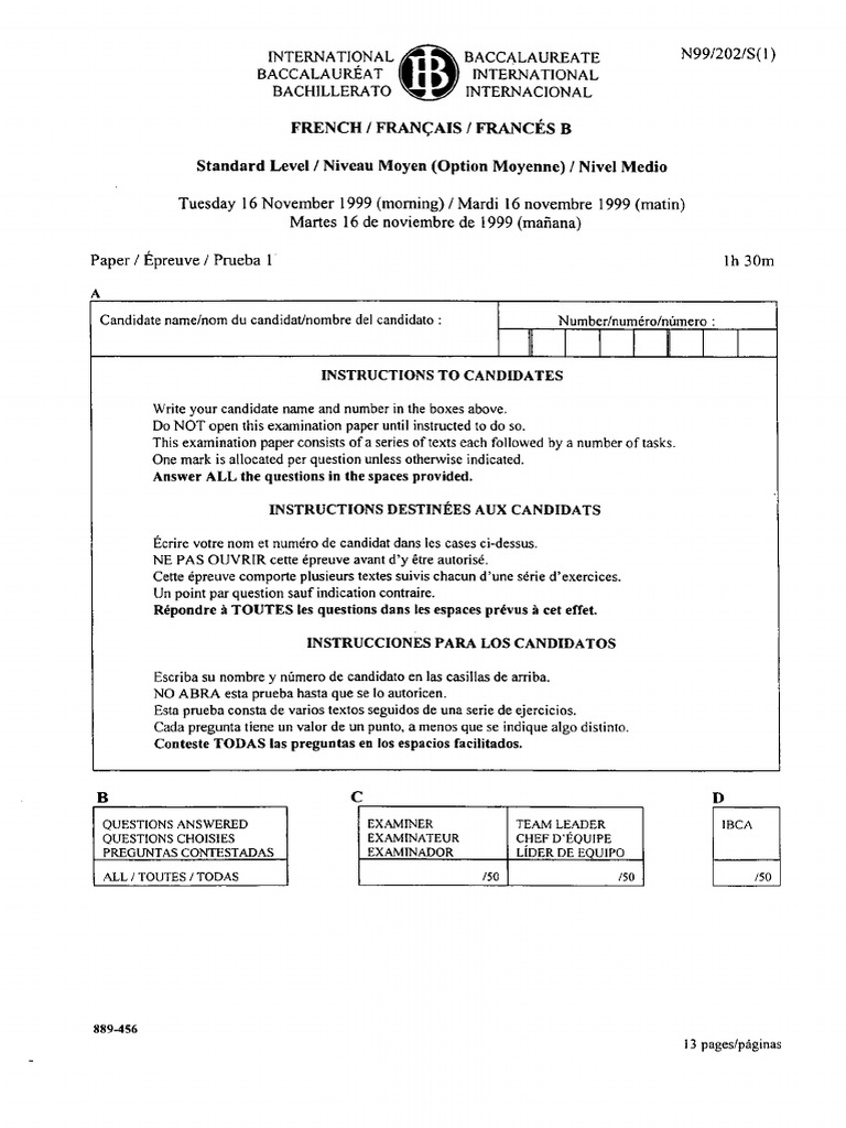 French - B - Paper - 1 - SL 1 | PDF