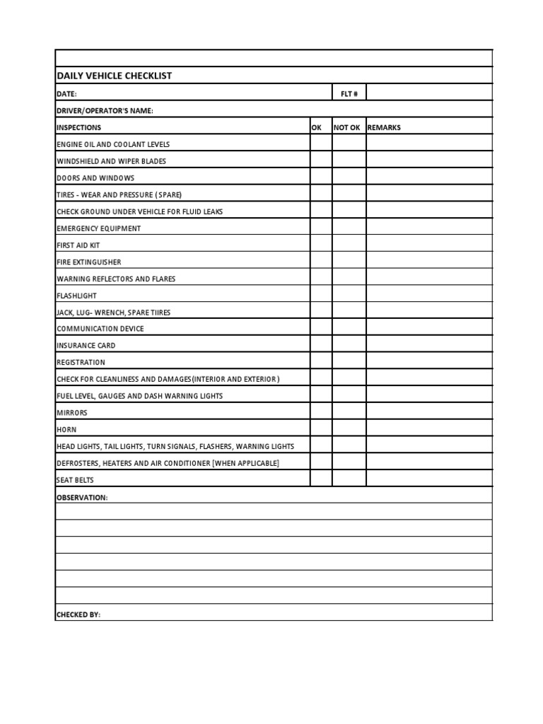 Daily Vehicle Checklist: Date: FLT # Driver/Operator'S Name | PDF