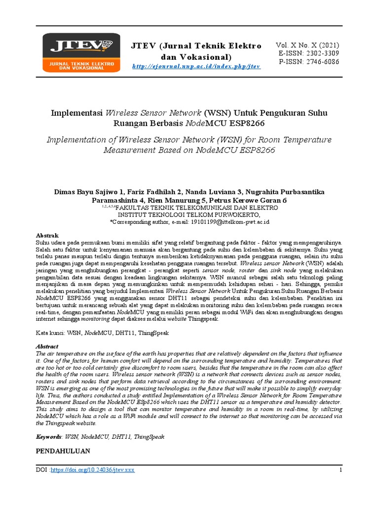 Implementasi Wireless Sensor Network (WSN) Untuk Pengukuran Suhu Ruangan Berbasis NodeMCU ...