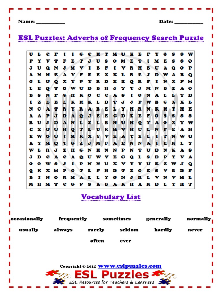 Adverbs of Frequency Wordsearch | PDF