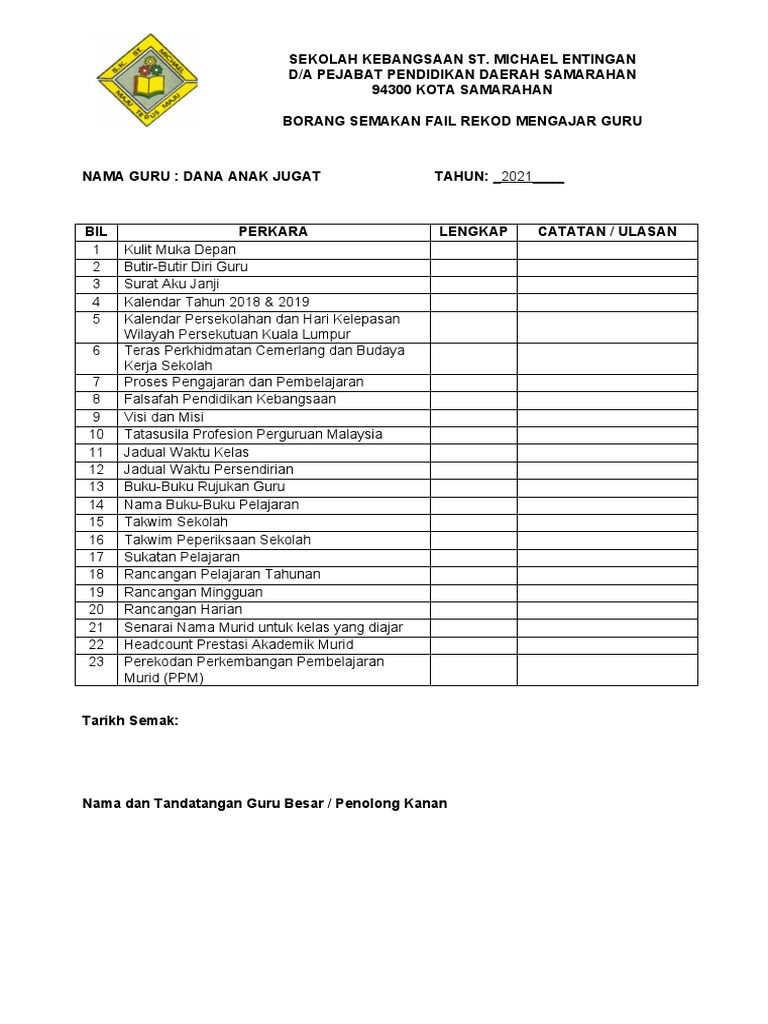 Borang Semakan Fail Rekod Mengajar | PDF
