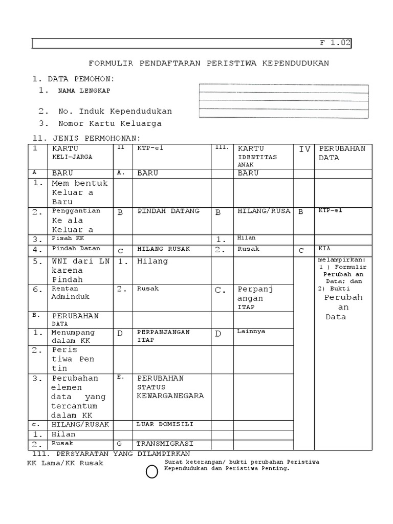 Formulir Pendaftaran Peristiwa Kependudukan 1. 2. 3.: Nama Lengkap | PDF