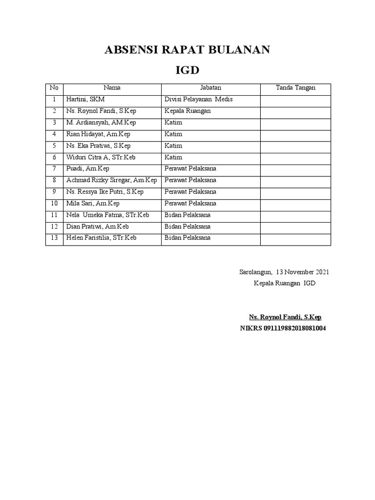 Absensi Rapat Bulanan Igd | PDF
