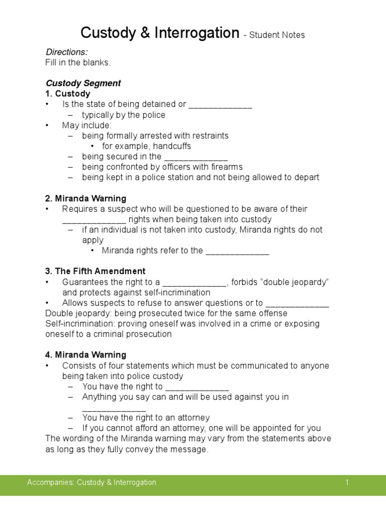 Custody & Interrogation Worksheet | PDF | Miranda Warning | Arrest
