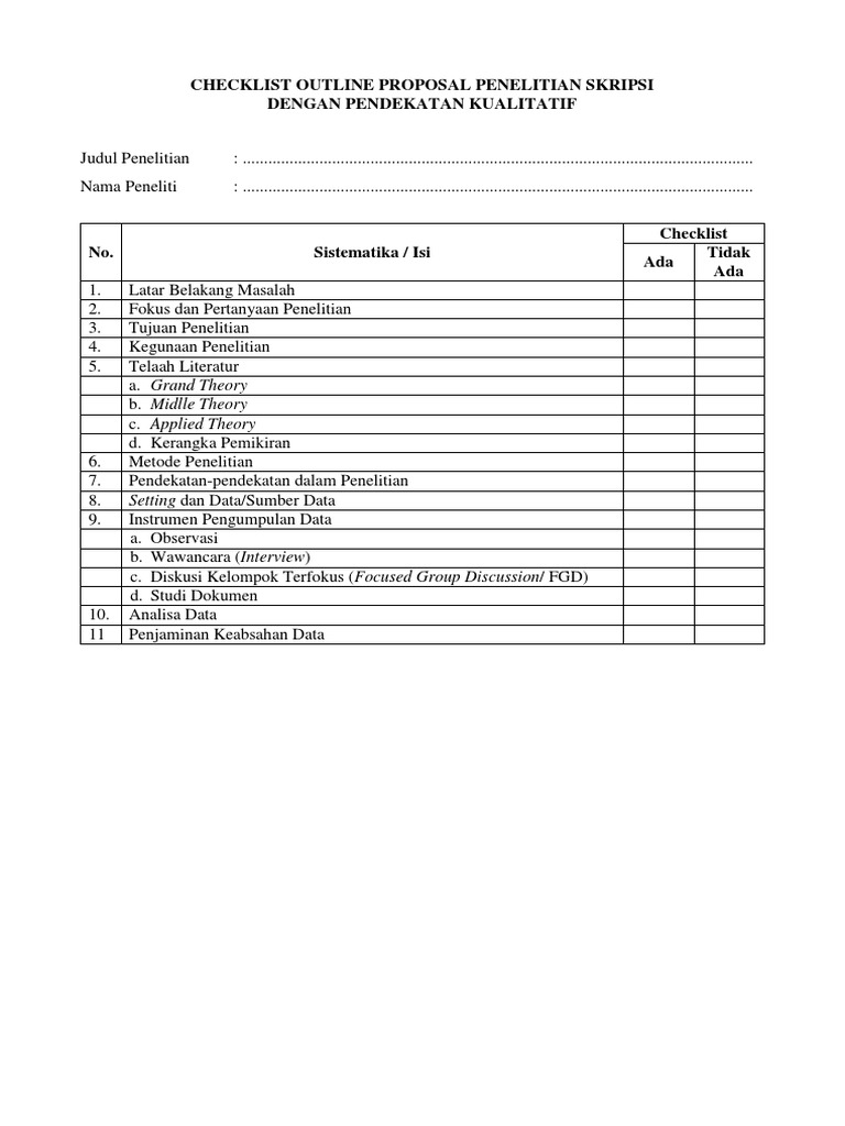 Checklist Outline Proposal Penelitian Skripsi Kualitatif | PDF Checklist Outline Proposal Penelitian Skripsi Kualitatif | PDF