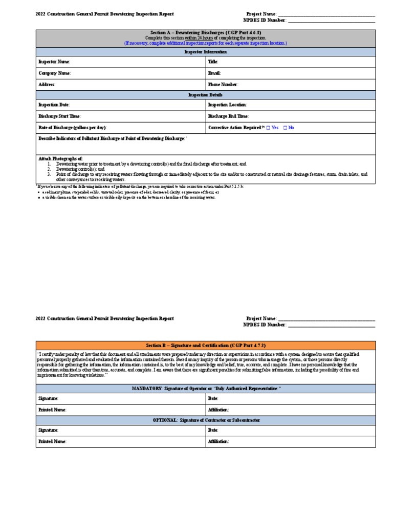 Dewatering Inspection Report Template | PDF | Executive Officer | Clean ...