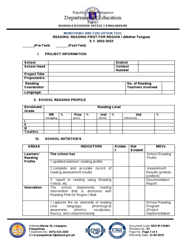 Reading Monitoring and Evaluation Tool | PDF | Phonics | Reading (Process)
